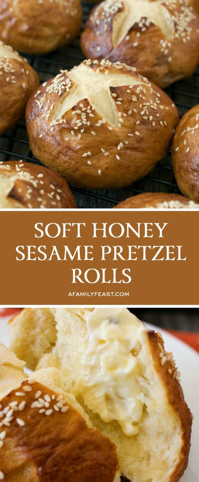 Soft Honey Sesame Pretzel Rolls - A Family Feast®