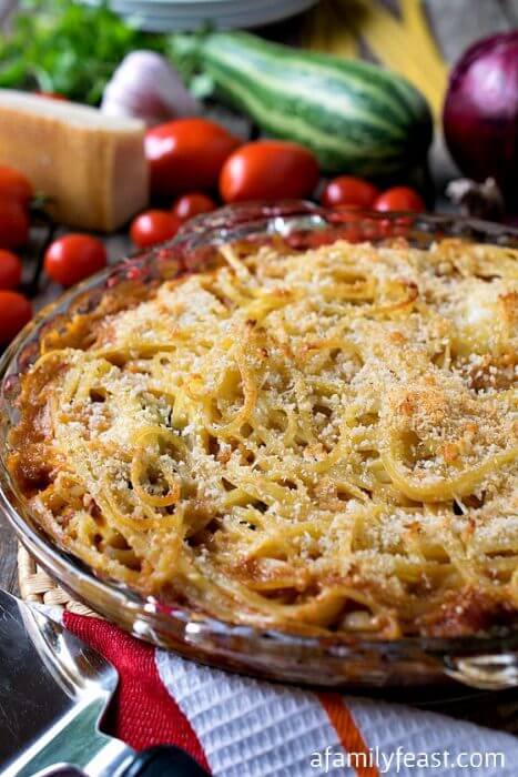 Summer Squash Spaghetti Ricotta Pie - A Family Feast®