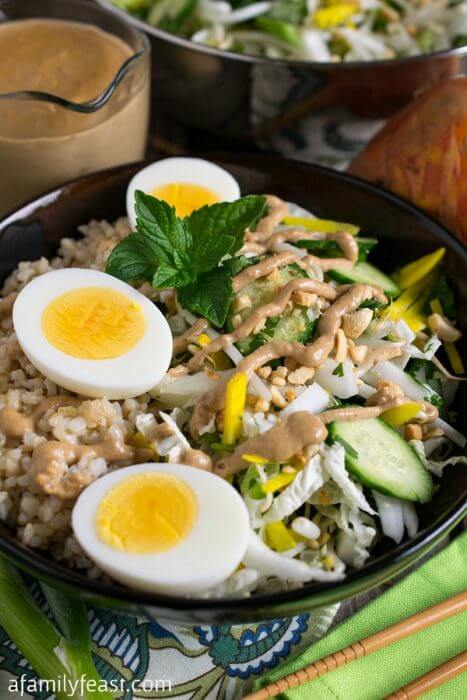 Crunchy Vegetable Rice Bowl with Warm Peanut Sauce - A Family Feast®