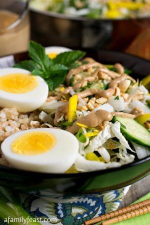 Crunchy Vegetable Rice Bowl with Warm Peanut Sauce - A Family Feast®