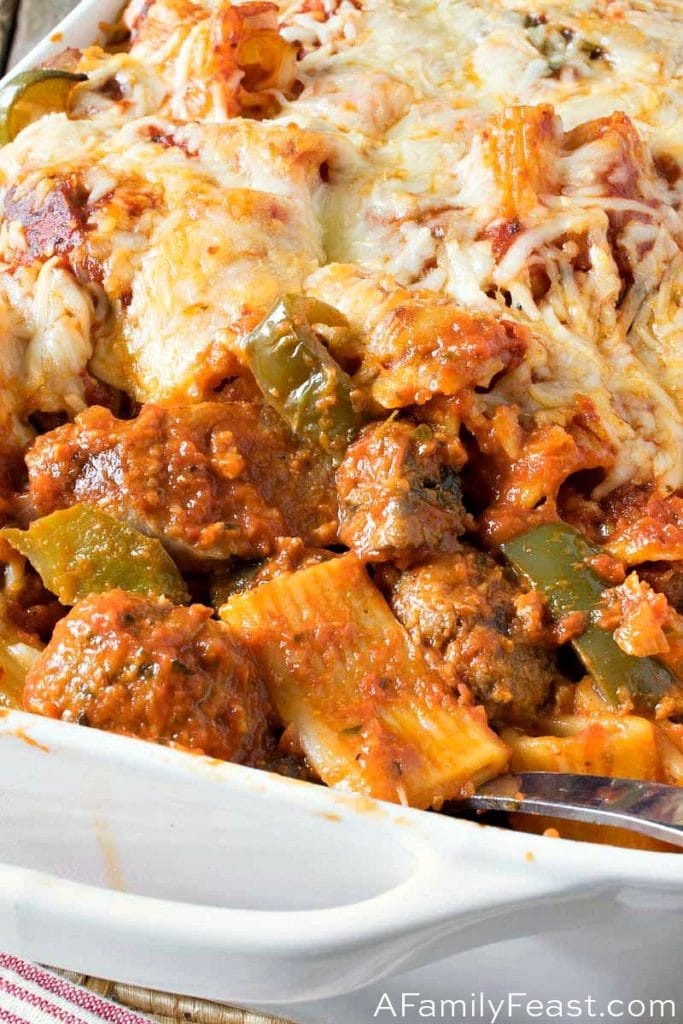 Baked Rigatoni with Italian Sausage and Meatballs - A Family Feast®