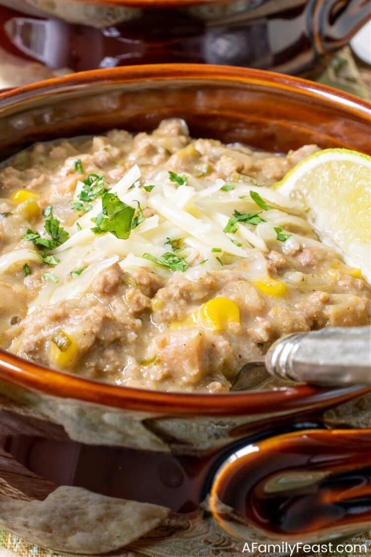 Slow Cooker White Chili with Ground Turkey - A Family Feast®