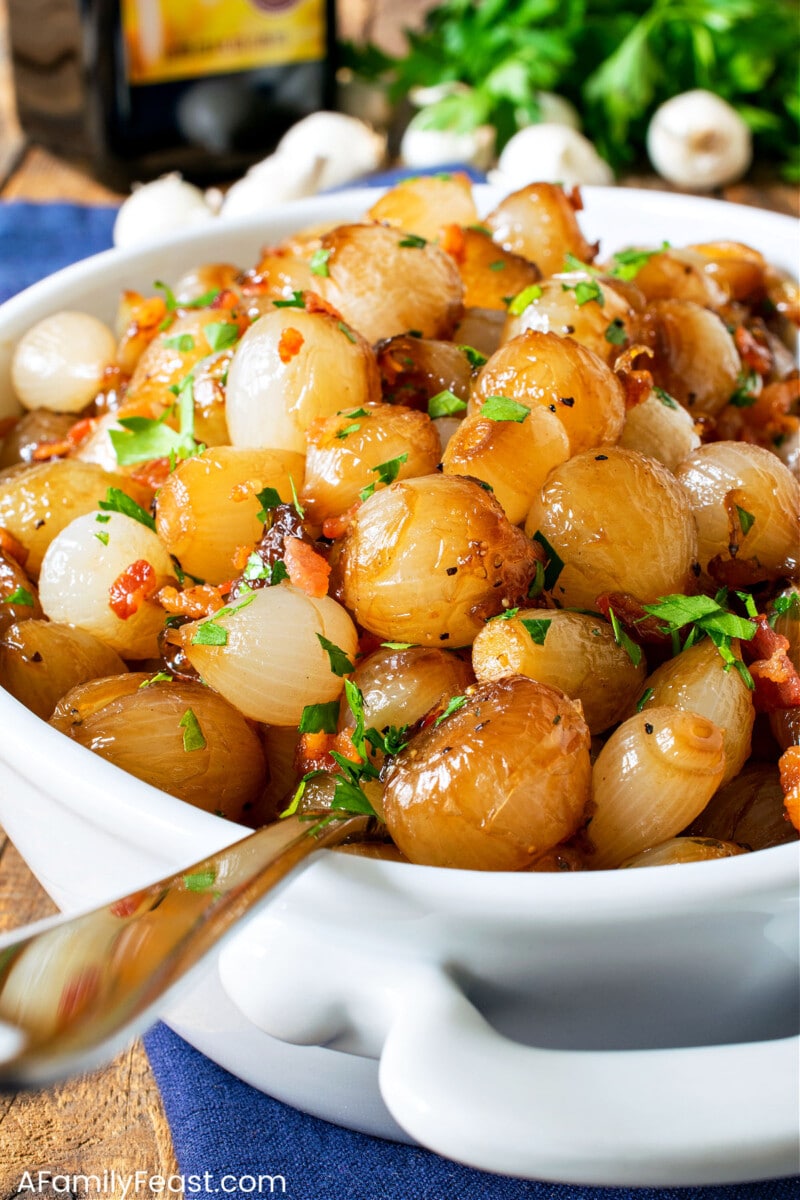 Balsamic Glazed Pearl Onions with Bacon - A Family Feast®